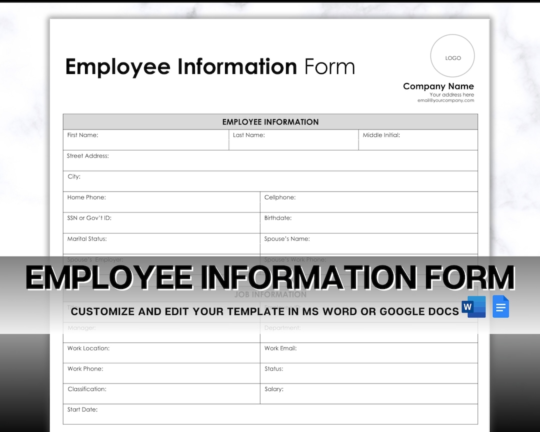 Employee Information Form, EDITABLE Employee Onboarding Template, Small ...
