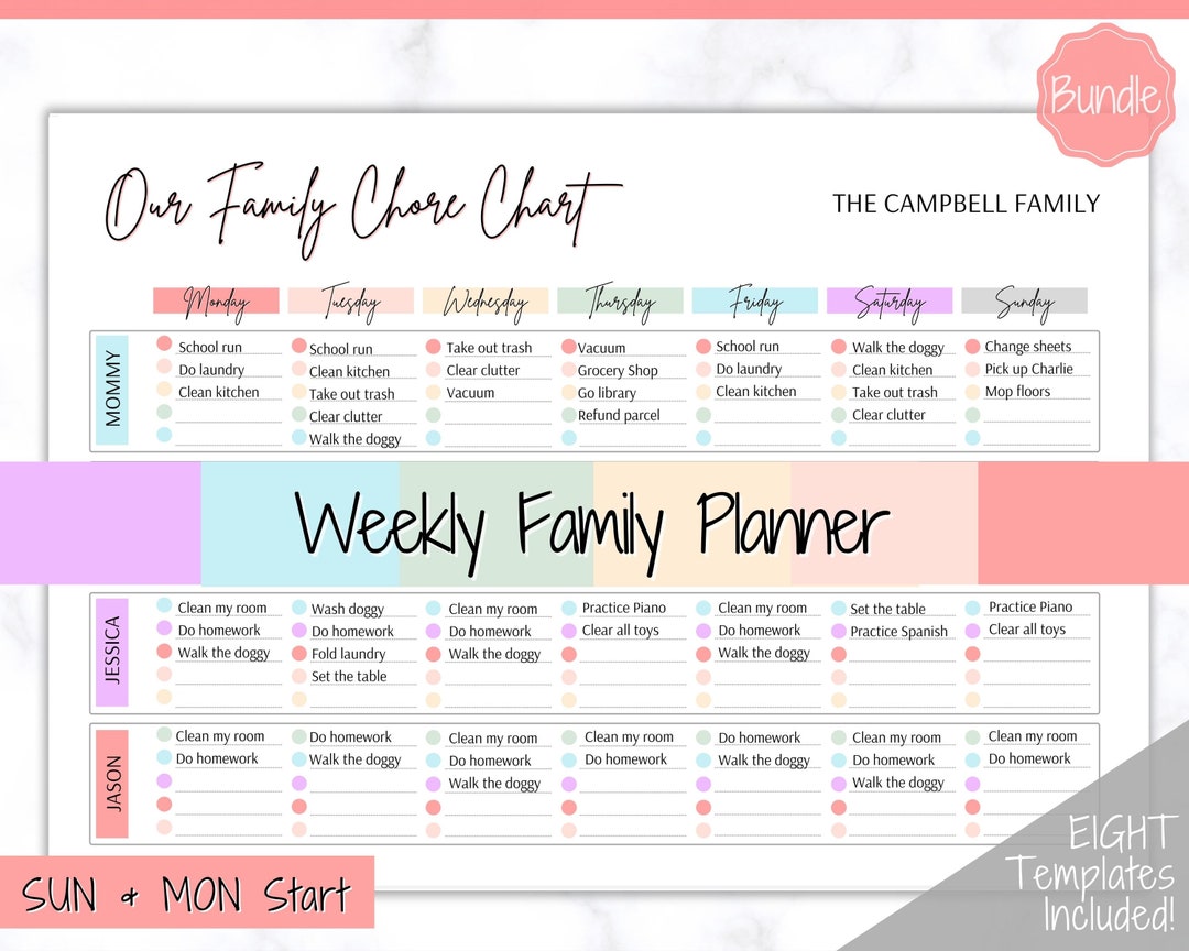 Family Chore Chart, Editable Family Planner Printable, Weekly Family ...