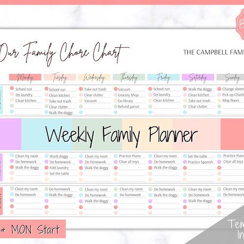 Family Chore Chart Editable Family Planner Printable Weekly - Etsy