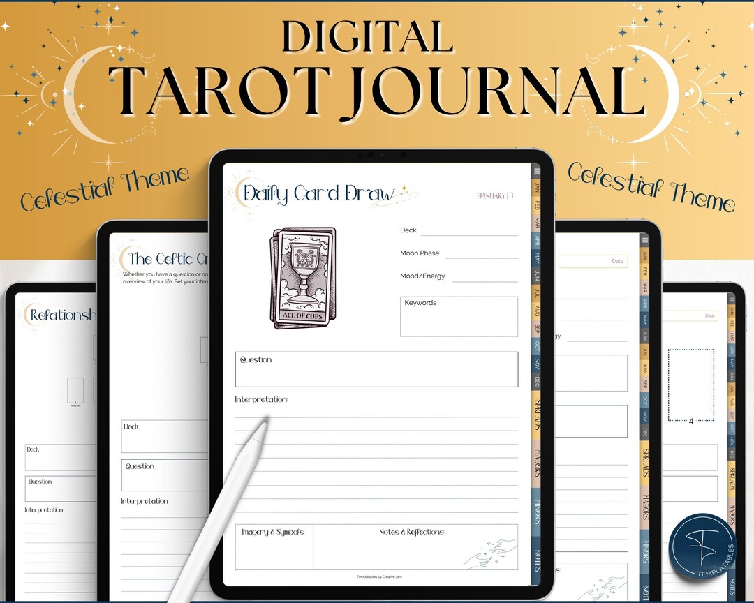 Tarot Journal, DIGITAL Tarot Planner Workbook, CELESTIAL, Daily Card ...