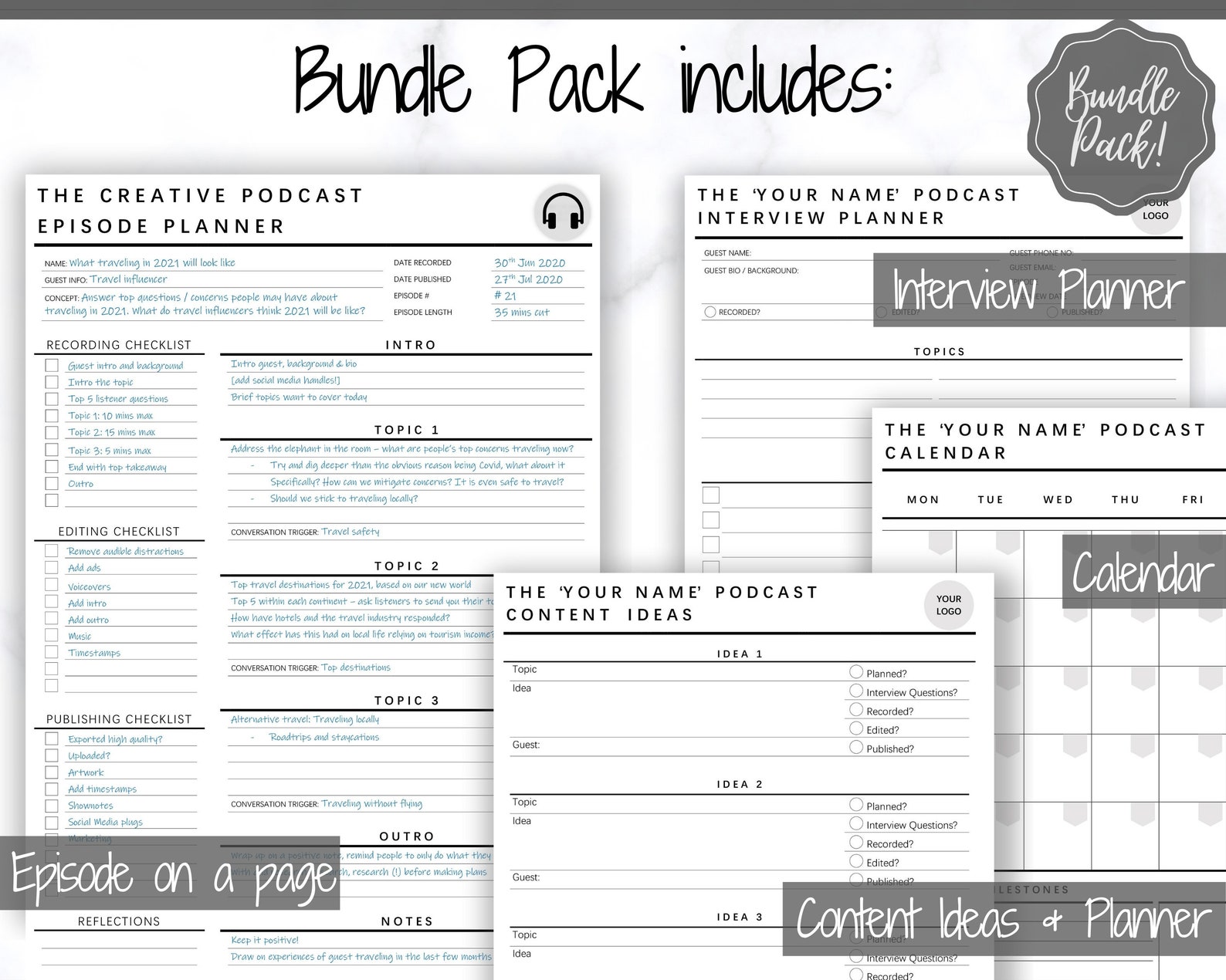 Editable Podcast Planner BUNDLE Pack. Podcast Template Content Calendar ...