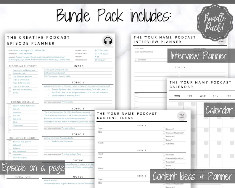 Editable Podcast Planner BUNDLE Pack. Podcast Template Content Calendar ...