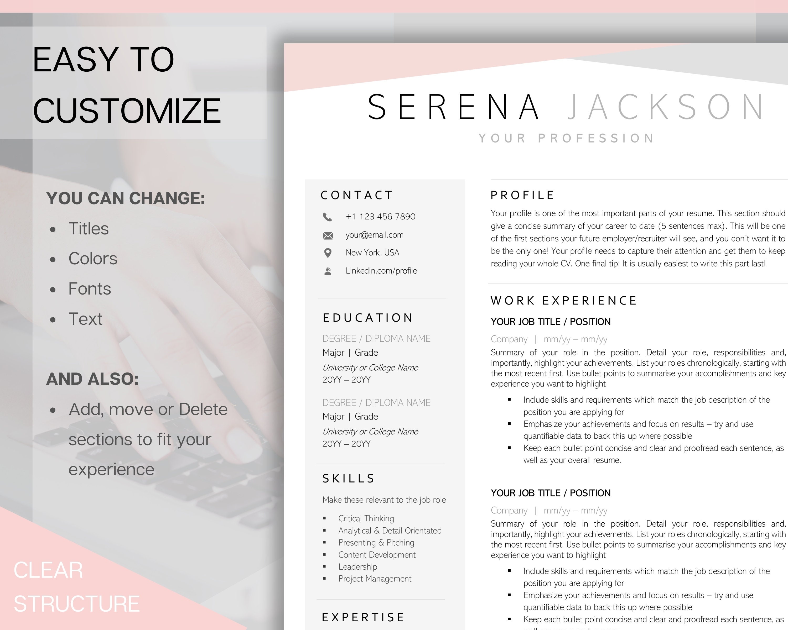 ONE Page Resume Template Word. CV Template Professional Cv - Etsy UK
