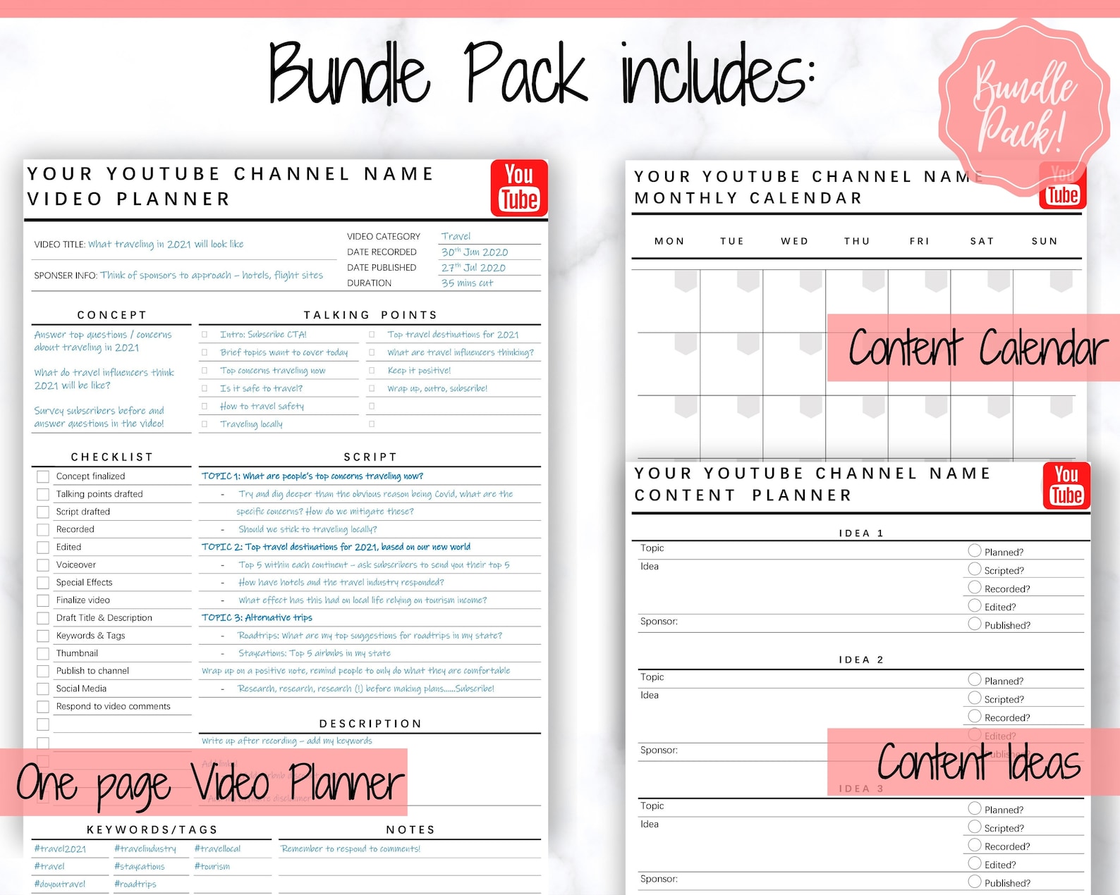 Youtube Planner, Video Planner, Social Media Content Calendar, EDITABLE ...