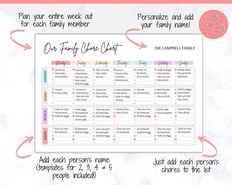 Family Chore Chart Editable Family Planner Printable Weekly - Etsy