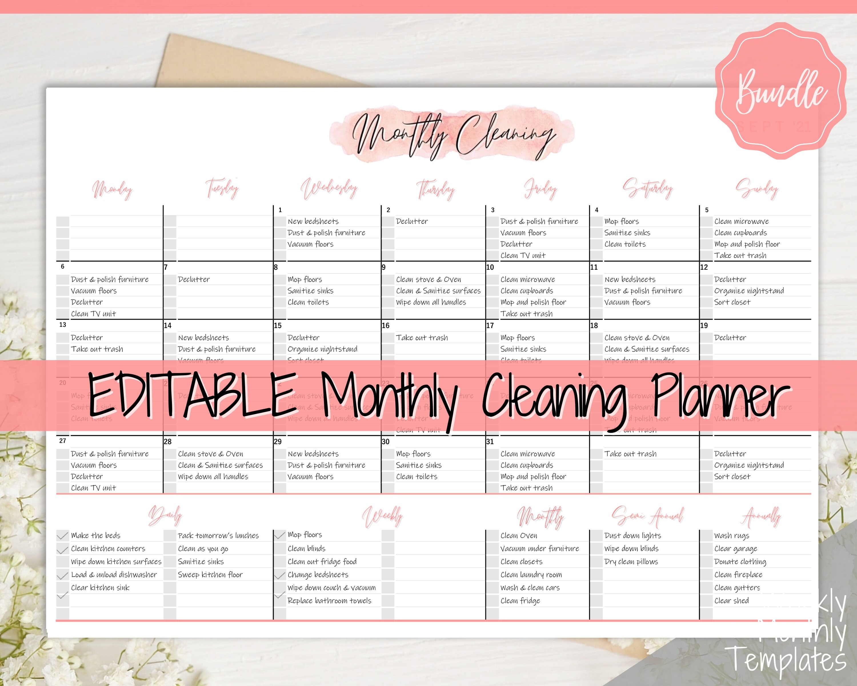 Monthly Cleaning Schedule EDITABLE Checklist Cleaning | Etsy
