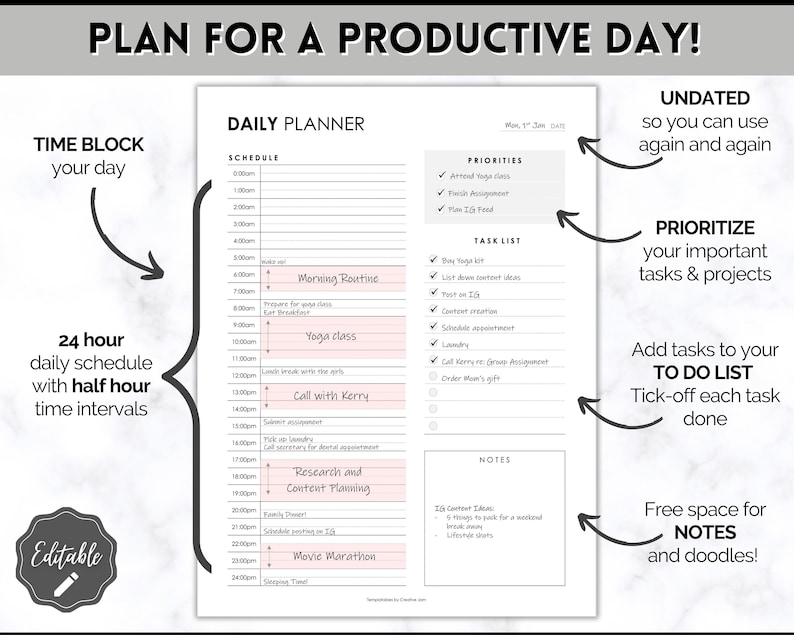 24 Hour Daily Planner EDITABLE Template Hourly Planner to - Etsy