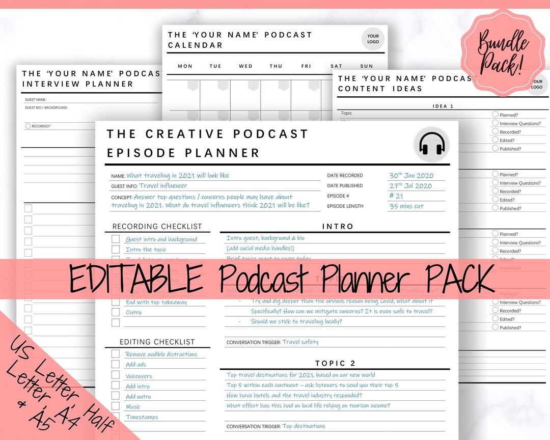 Editable Podcast Planner BUNDLE Pack. Podcast Template Content Calendar ...