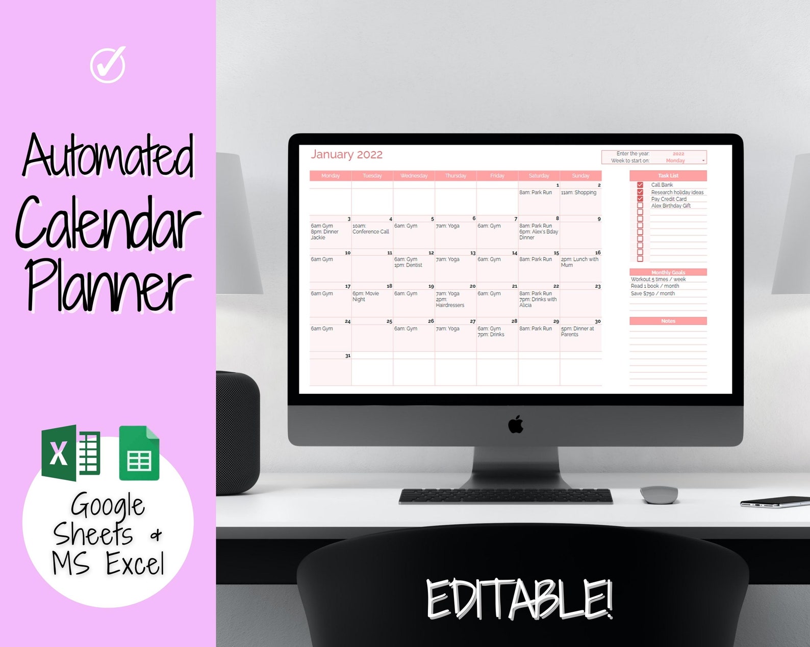 EDITABLE Monthly Calendar Monthly Planner Template Automated - Etsy