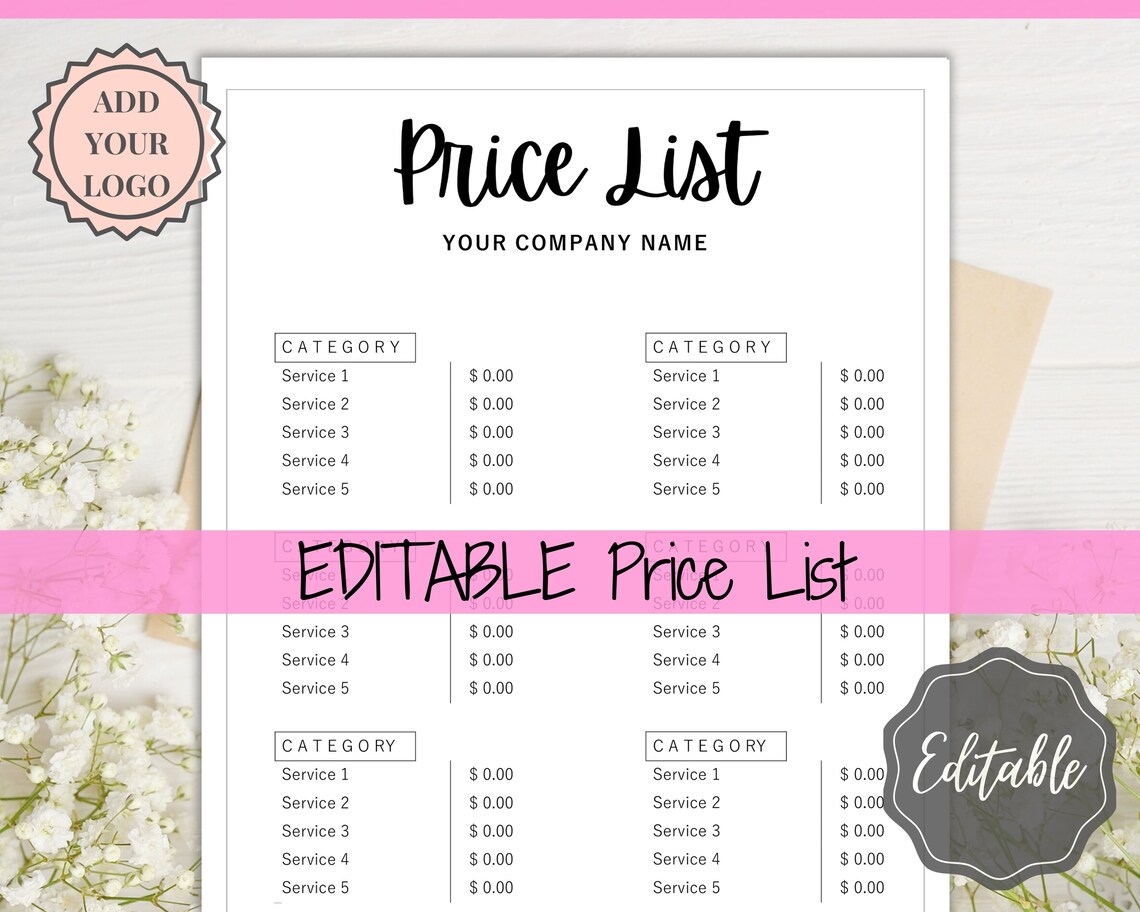Editable PRICE LIST Template. Printable Price Sheet Price - Etsy UK