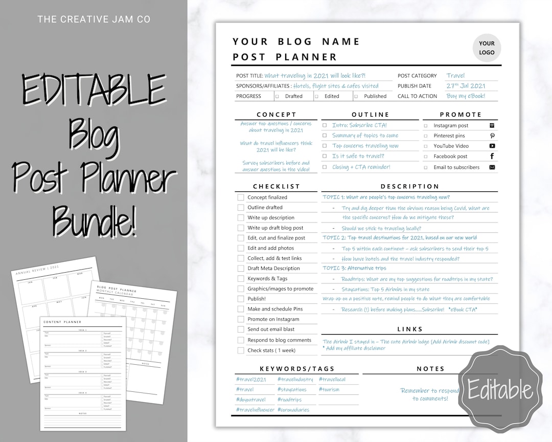 Blog Post Planner Templates! EDITABLE Blogger Bundle! Blog Planner ...