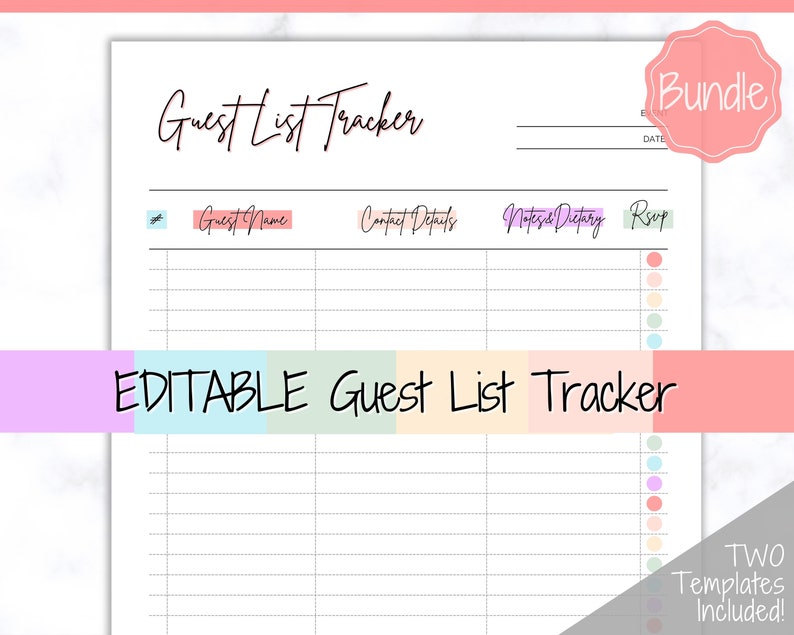 Guest List Tracker Editable Guest List Template With RSVP - Etsy