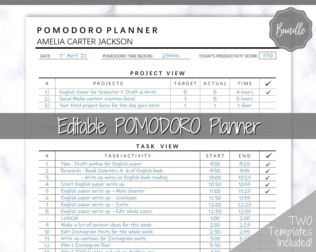 Editable POMODORO Planner, Productivity Planner Pages, Student Project ...