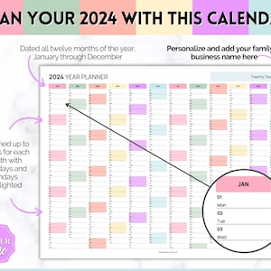 2024 Year Planner, Wall Calendar Printable, PINK Large Yearly Calendar ...