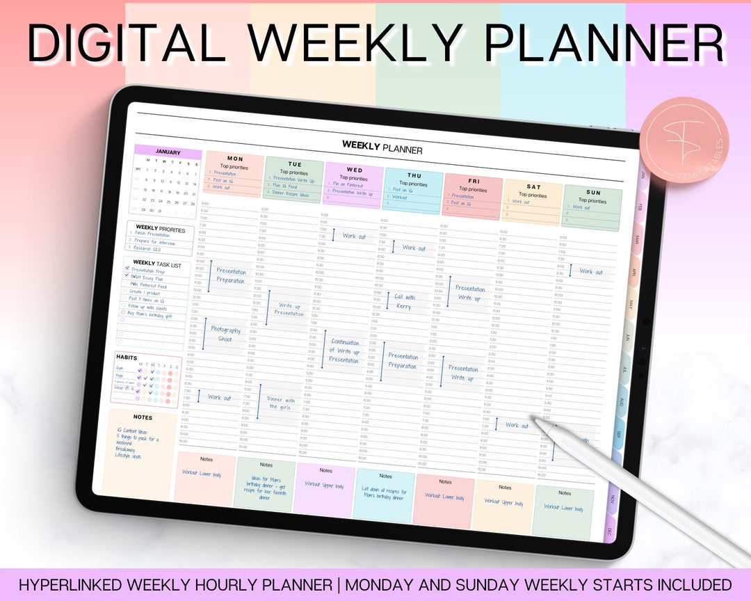 WEEKLY Hourly Digital Planner, 2024 Digital Planner, iPad Planner ...