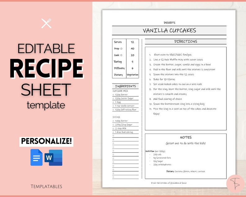 EDITABLE Recipe Sheet Template, Recipe Book Template, Recipe Cards ...