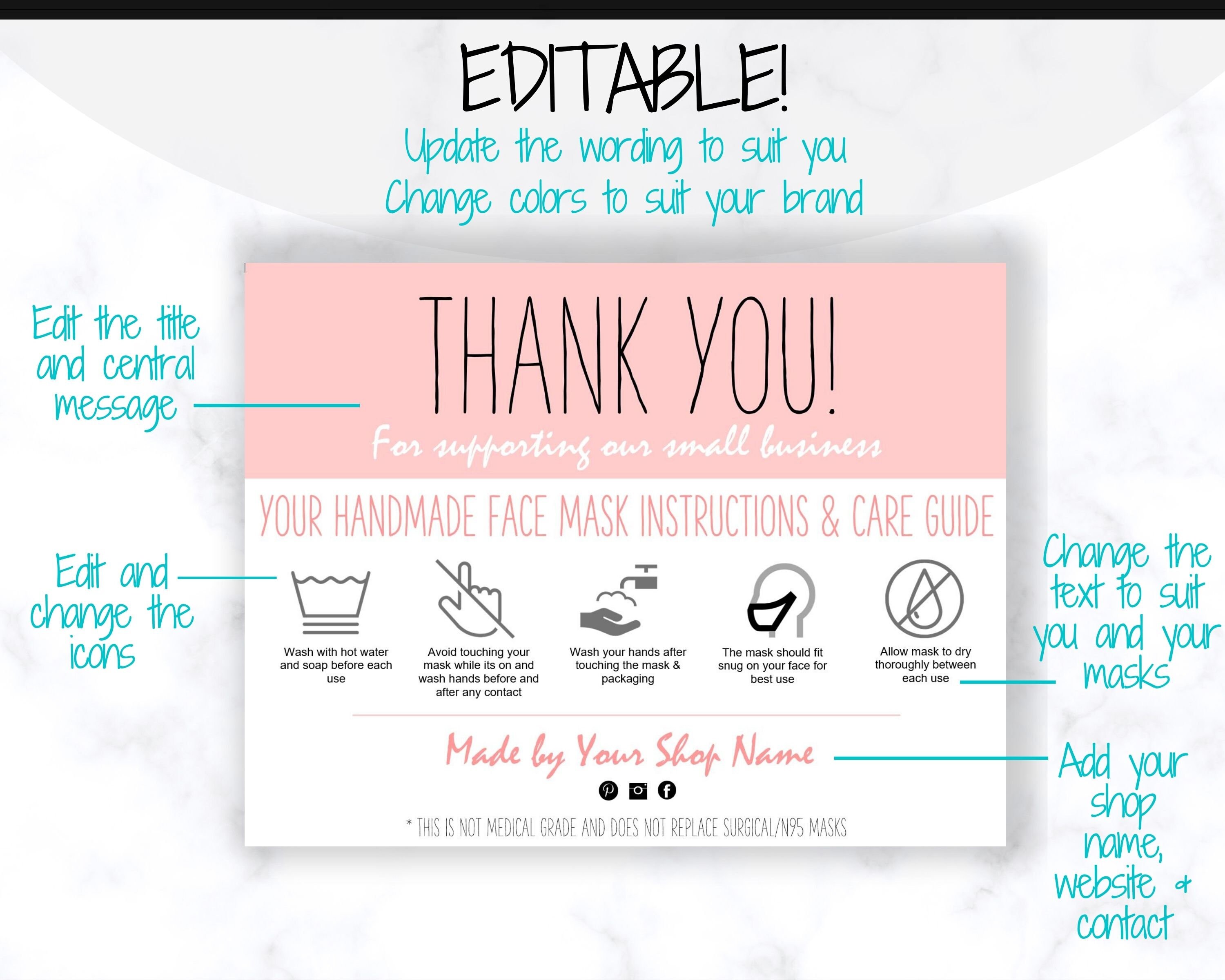 EDITABLE Face Mask Label Care Card THANK YOU for Your Order - Etsy