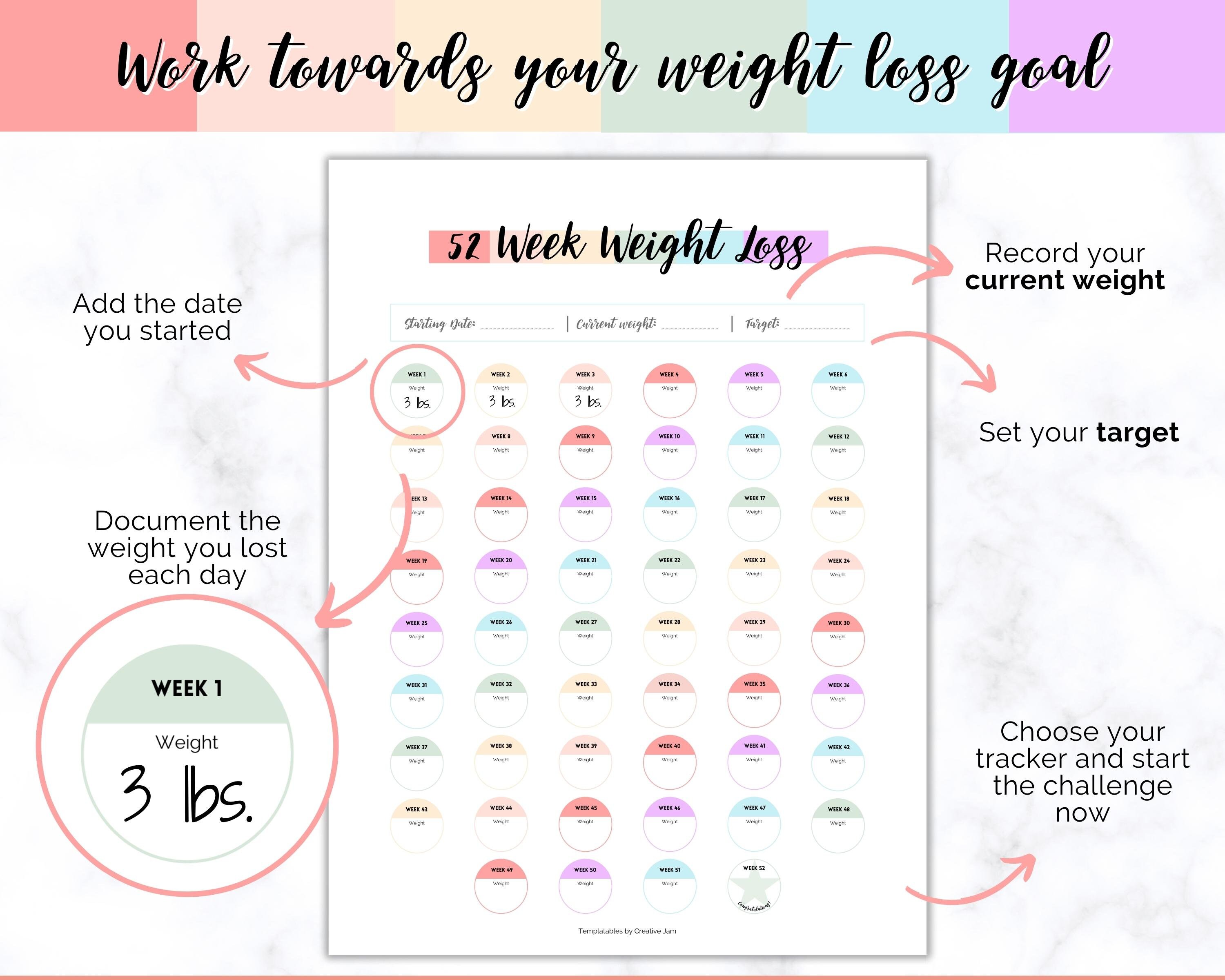 52 Week Weight Loss Tracker, 12 Month Challenge, Weightloss Journal ...