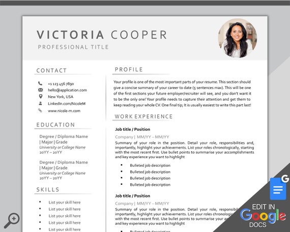CV Template With Photo. Professional Resume Template GOOGLE - Etsy