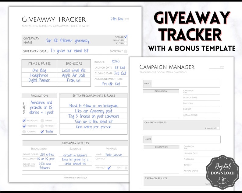 Giveaway Tracker Social Media Planner Printable Giveaway - Etsy