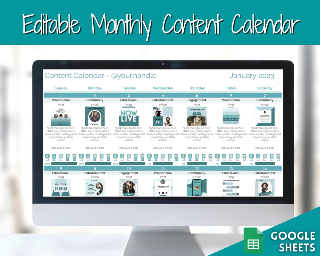 30 Day Content Calendar, Editable Social Media Planner, Google Sheets ...