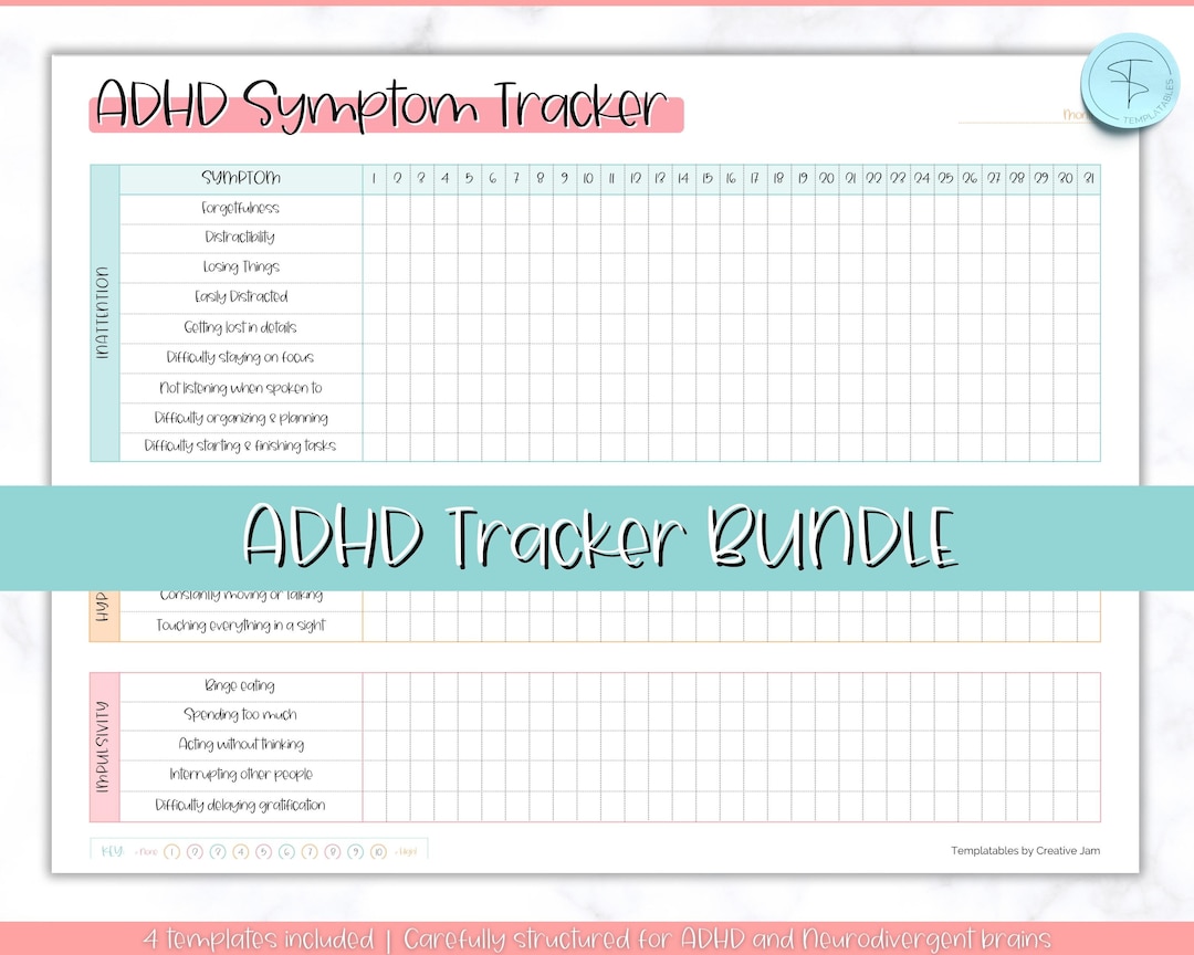 ADHD Symptom Tracker, Behavior & Hygiene Tracker BUNDLE Monthly ...
