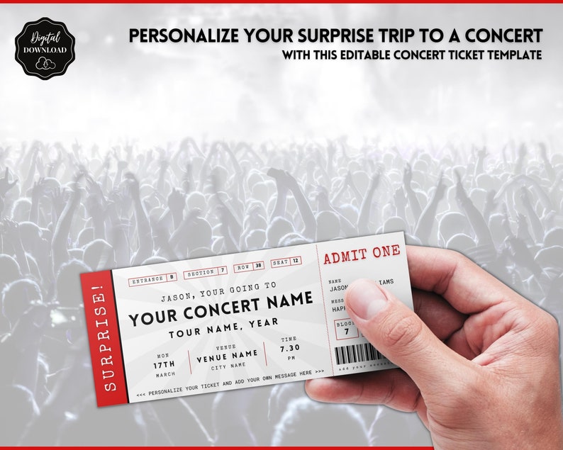 EDITABLE Concert Ticket Template Surprise Getaway Gift - Etsy