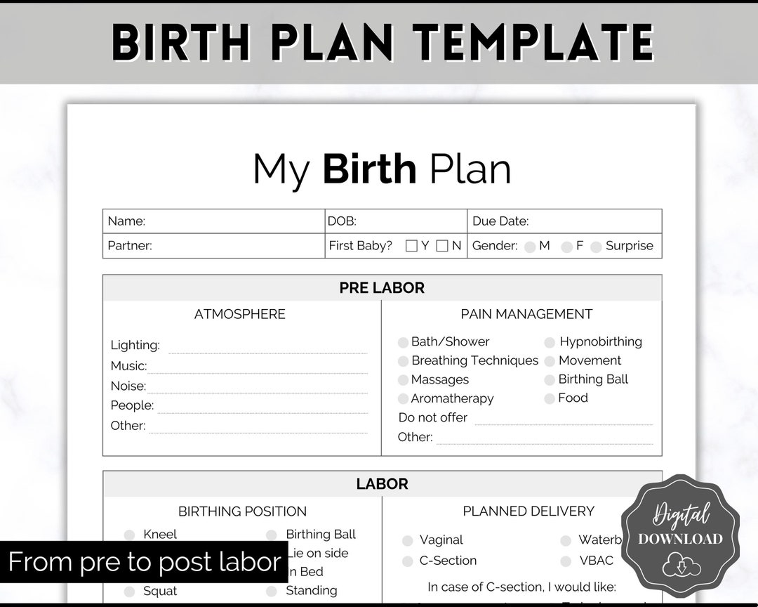 Birth Plan Template, Printable Birth Preferences, Birthing Plan ...