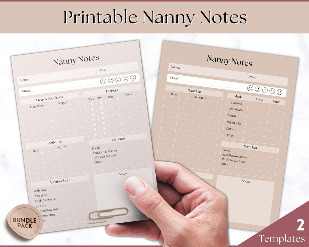 Nanny Schedule, Nanny Notes & Report Template for Baby, Babysitter Info ...