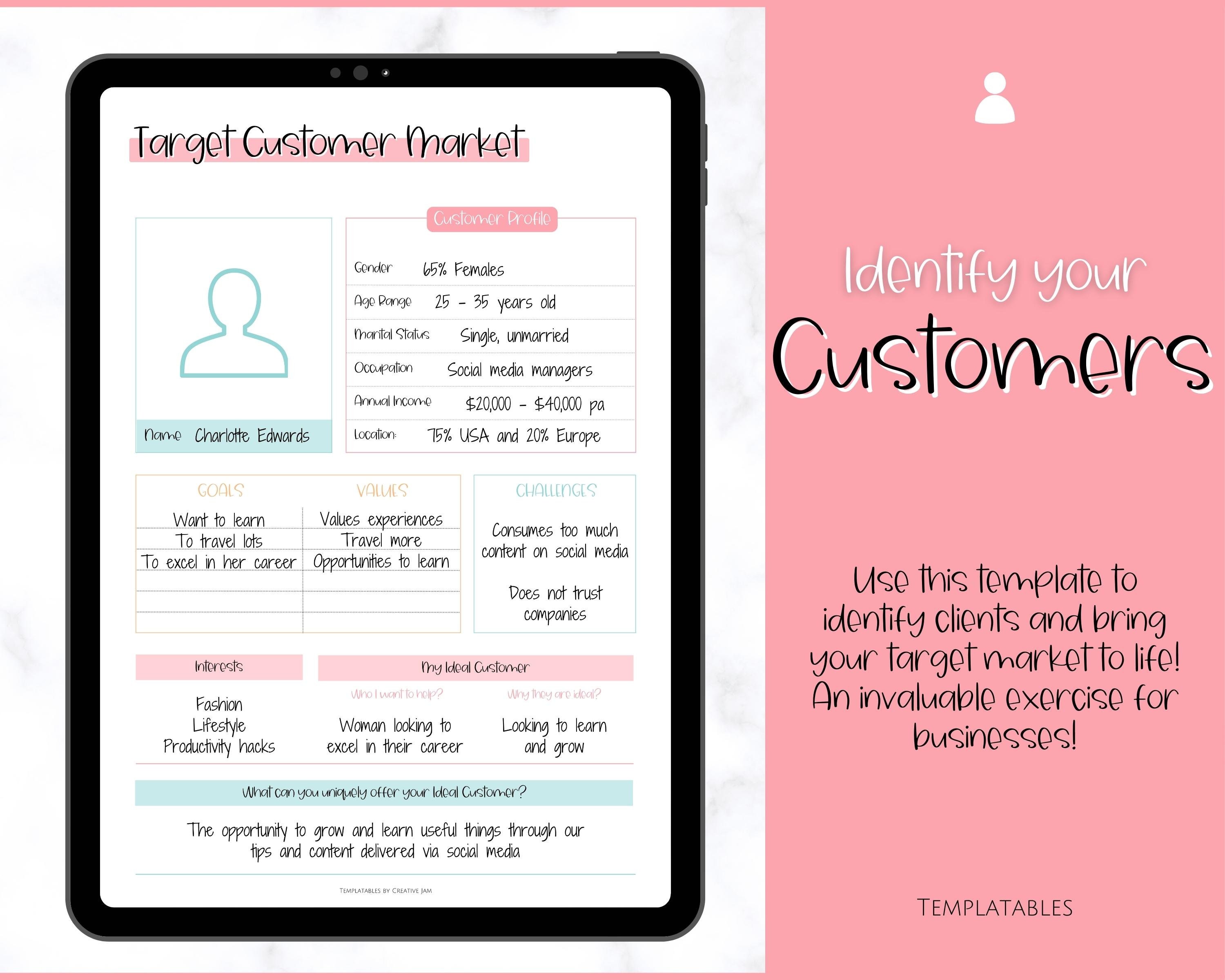 Target Customer Market Template, Customer Avatar Worksheet, Client ...