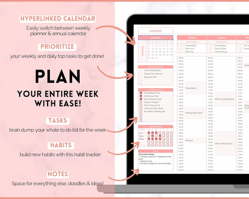 Google Sheets Weekly Hourly Planner EDITABLE Spreadsheet - Etsy