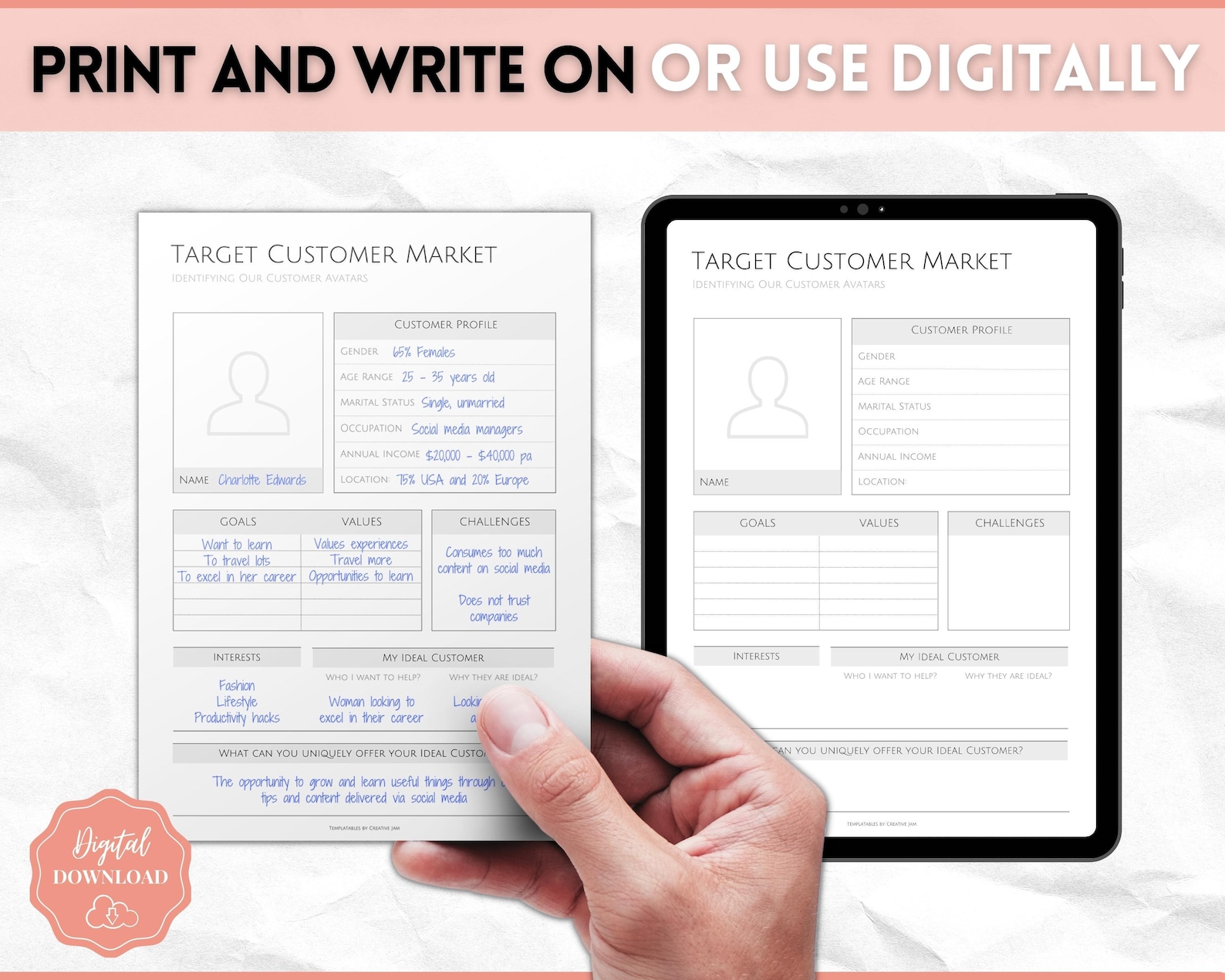 Customer Avatar Worksheet, Target Customer Market Template, Client ...