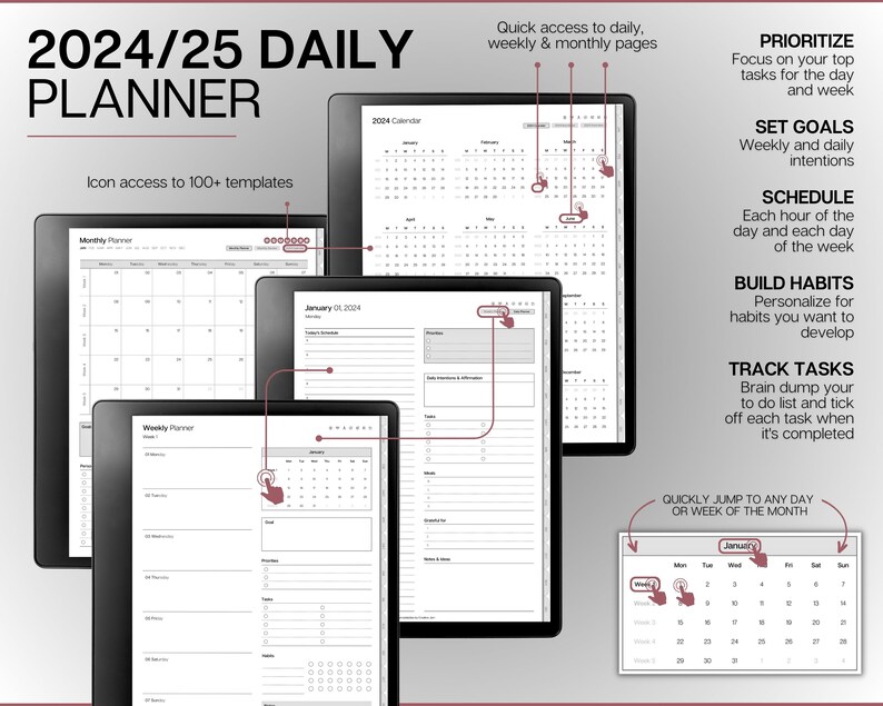 Templates for Kindle Scribe, ALL ACCESS Pack, 2024 2025 Daily Planner ...