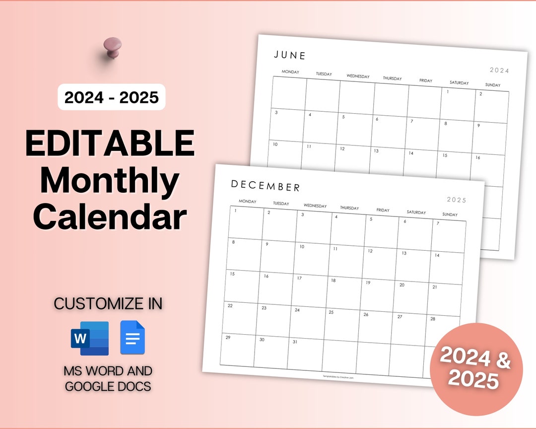 2024 Monthly Calendar, EDITABLE Template | 2024 & 2025 Included ...