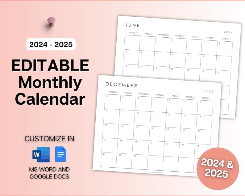 EDITABLE Monthly Calendar Template | 2024 & 2025 Included! Editable ...