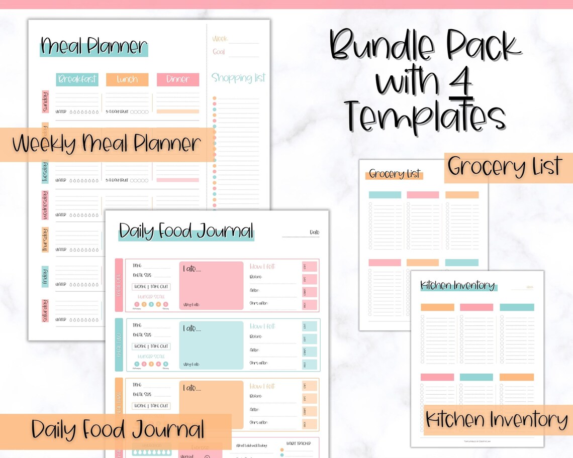 Colorful Meal Planner Printable BUNDLE Weekly Food Diary - Etsy
