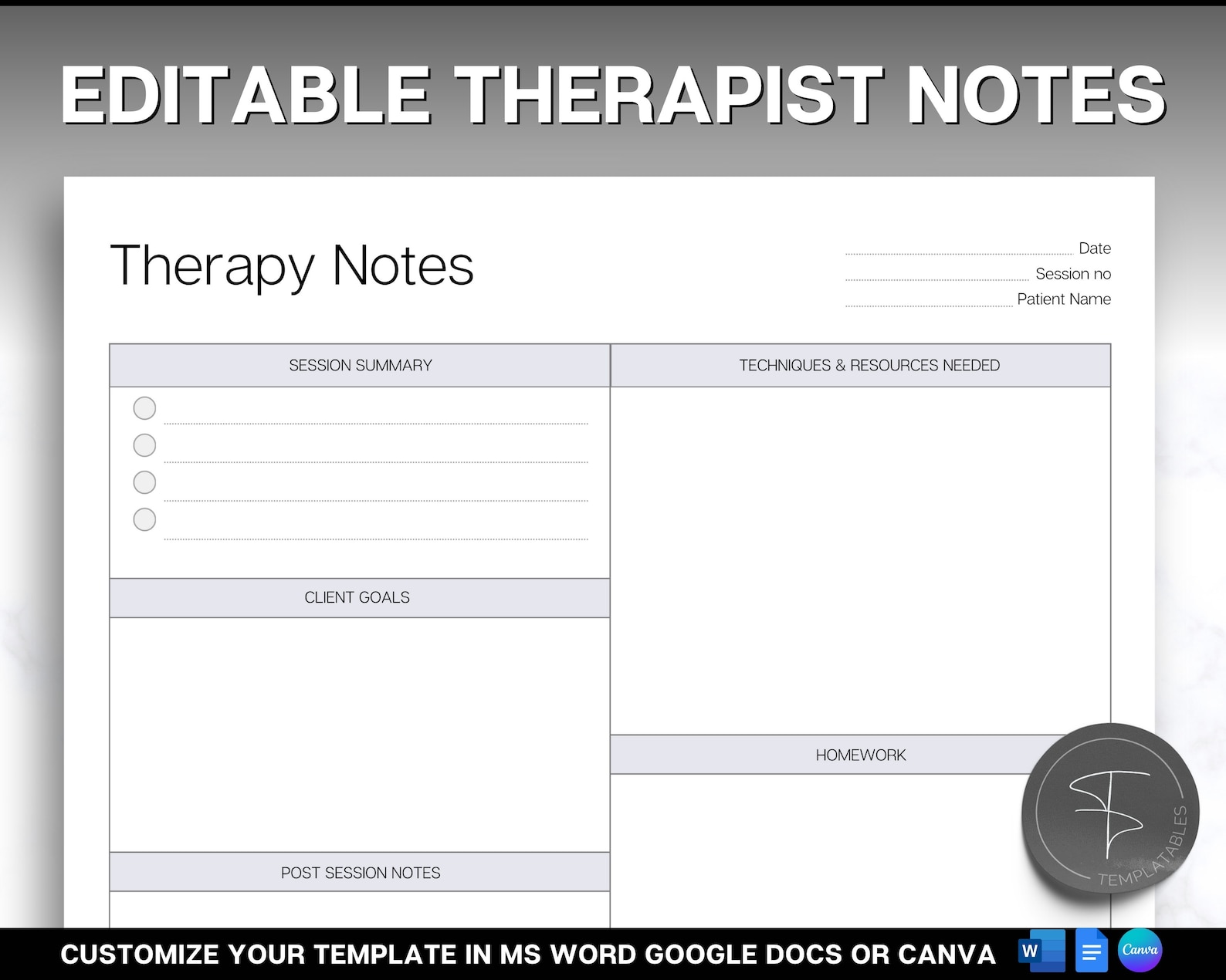 Therapist Notes, EDITABLE Therapy Note Sheet, Therapist Progress Notes ...
