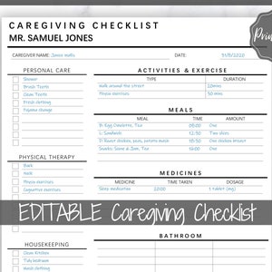 Caregiving Elderly Care Checklist. EDITABLE Printable is Ideal for ...