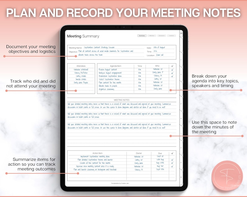 Digital Meeting Notes Template, Editable Meeting Minutes, Digital ...
