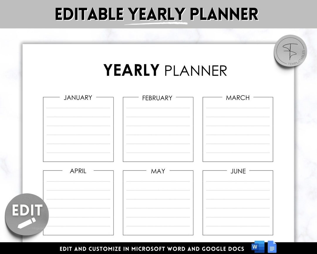 Editable Year at a Glance, 2024 Yearly Planner, Undated Annual Planner ...