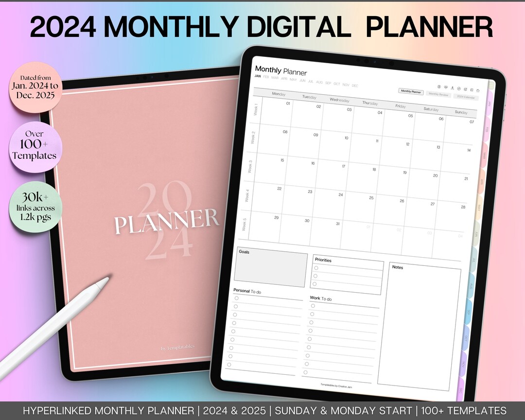 2024 Monthly Planner, Hyperlinked Digital Calendar, Monthly Planner ...