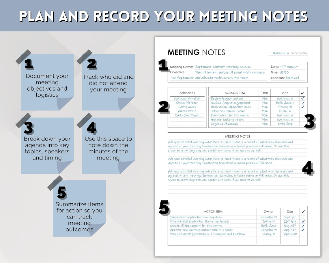 Meeting Notes Template, Editable Meeting Minutes, Printable Business ...