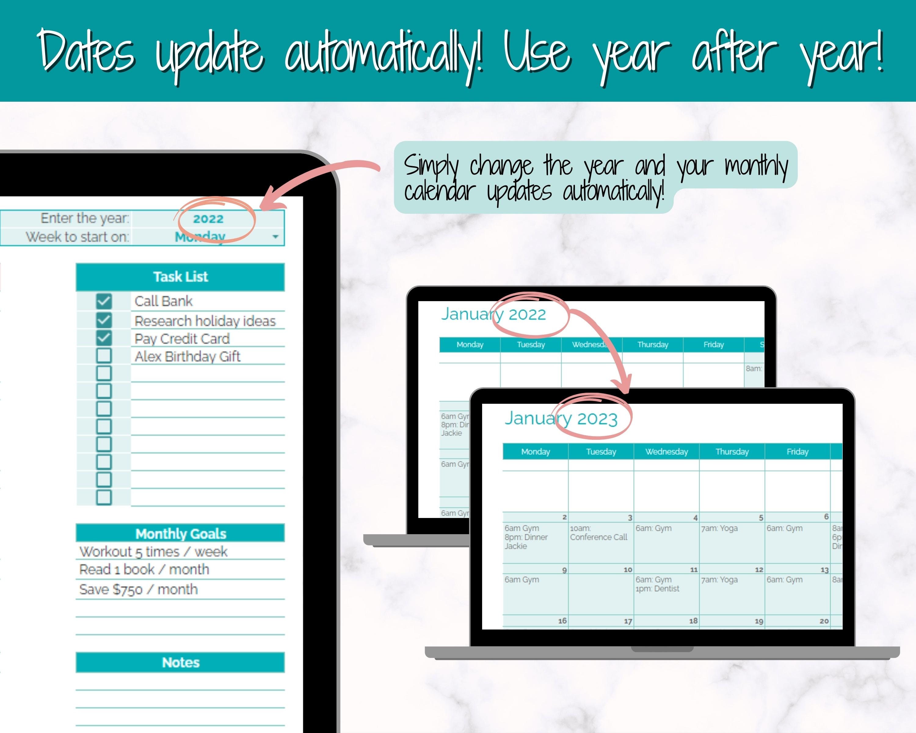 Monthly Overview, Planner Spreadsheet, Automated Calendar Template ...