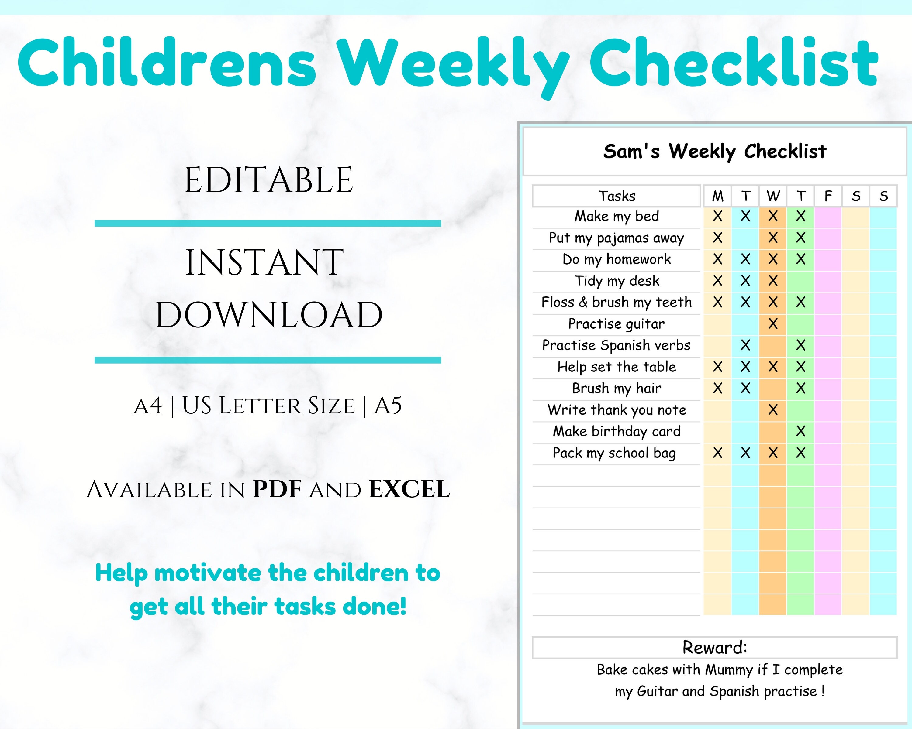 Weekly CHECKLIST EDITABLE COLORFUL Childrens Weekly | Etsy