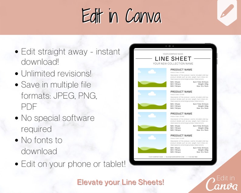 Line Sheet for Wholesale. Price List Template, Editable Candle Template ...