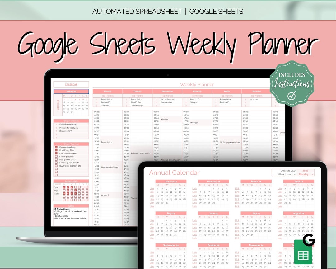 Weekly Planner Spreadsheet, EDITABLE Google Sheets Weekly Hourly ...