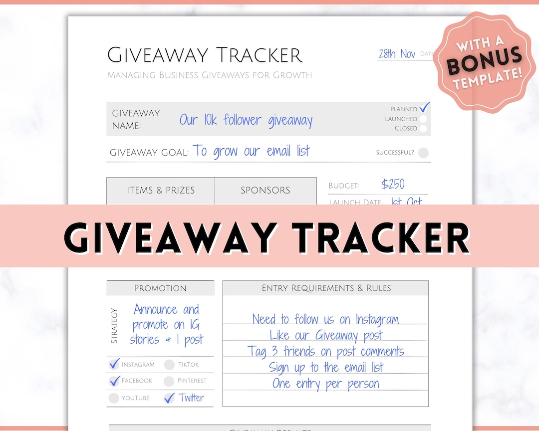 Giveaway Template, Social Media Planner, Printable Giveaway Tracker ...
