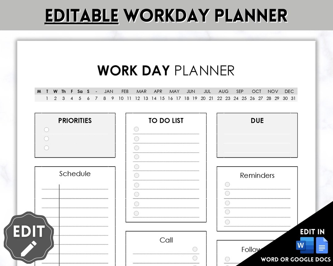 EDITABLE Daily Planner, Work Day Organizer, Work From Home to Do List ...