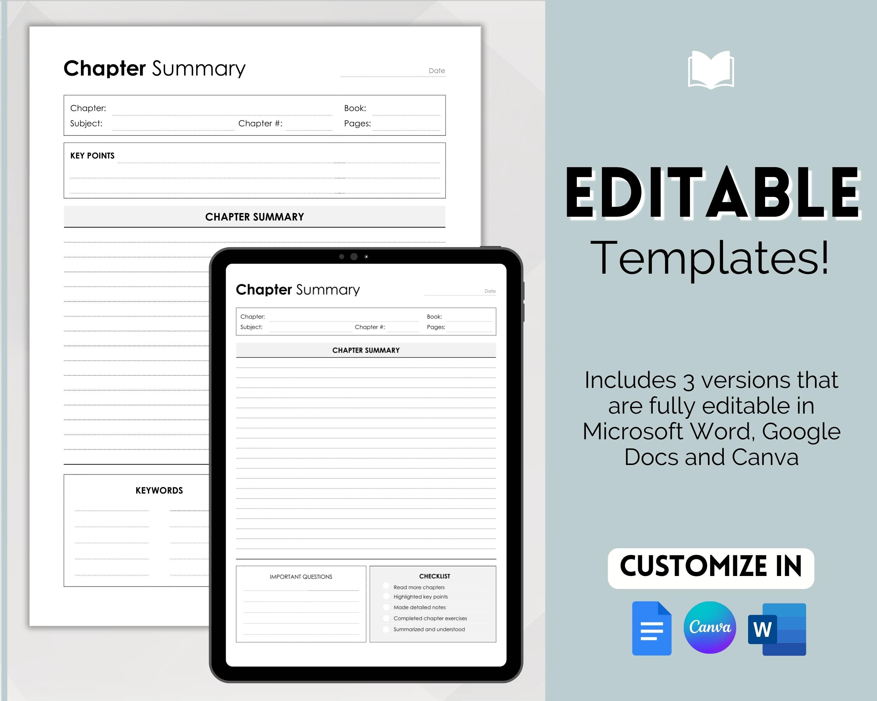 EDITABLE Chapter Summary Template Study Guide Textbook - Etsy UK