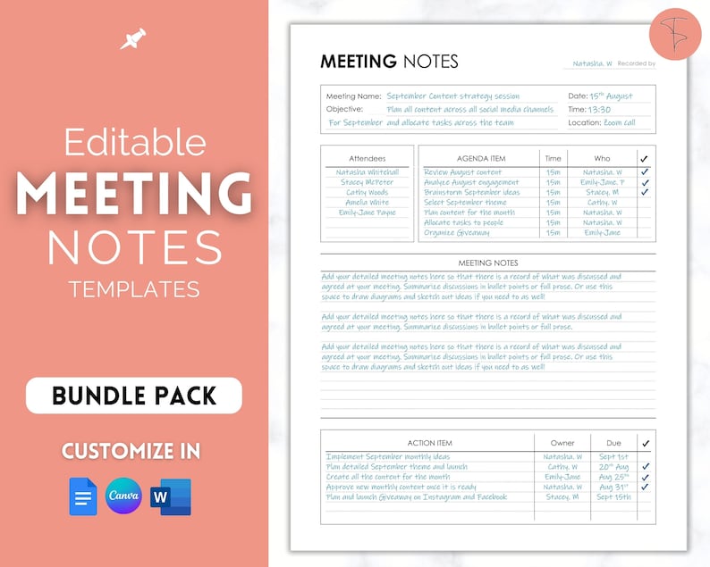 Meeting Notes Template, Editable Meeting Minutes, Printable Business ...